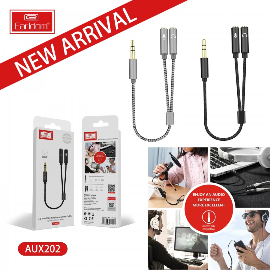 Dây chia 2 trong 1 Từ chân 3.5mm Sang 1 cổng tai nghe 3.5mm và cổng Mic Earldom AUX 202